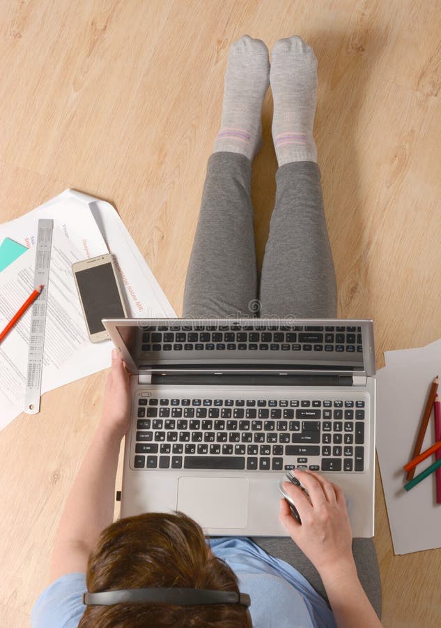 Woman with Notebook Working at Floor Stock Image - Image of holding ...