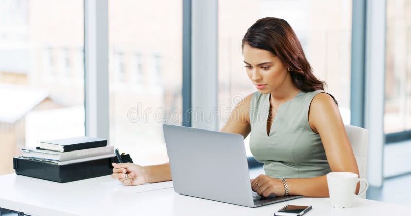 Woman, Notes and Reading with Laptop, Creative Editor and Research or ...
