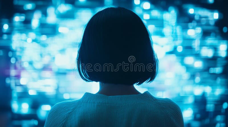 Woman Observing Digital Data Flow a Woman Gazes at a Screen Filled with ...