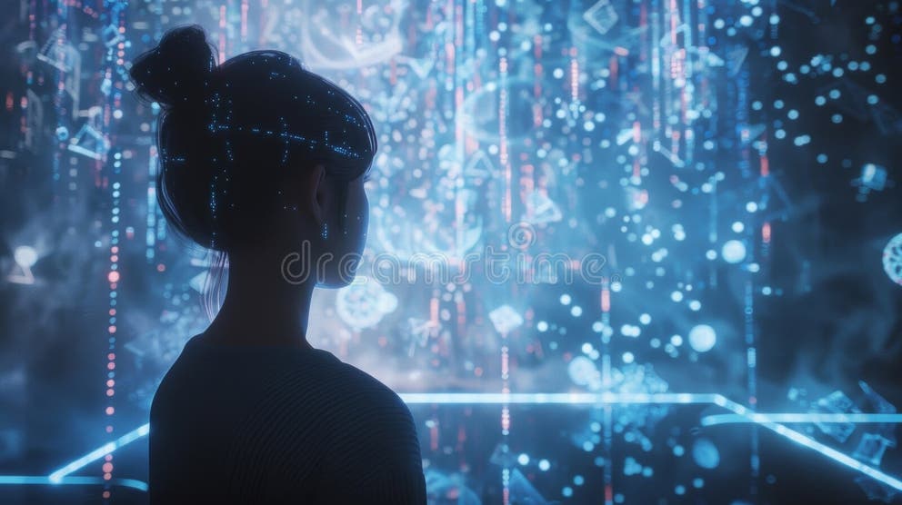 Woman Observing Futuristic Data Stream, Exploring Future Technology ...