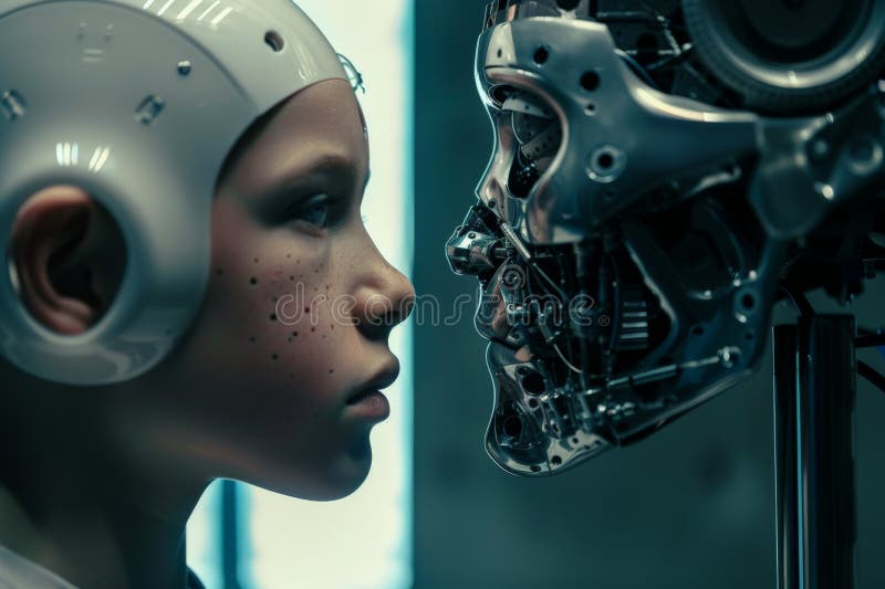 A Woman Is Observing The Robots Facial Features Like Jaw And Eyelashes Stock Image Image Of