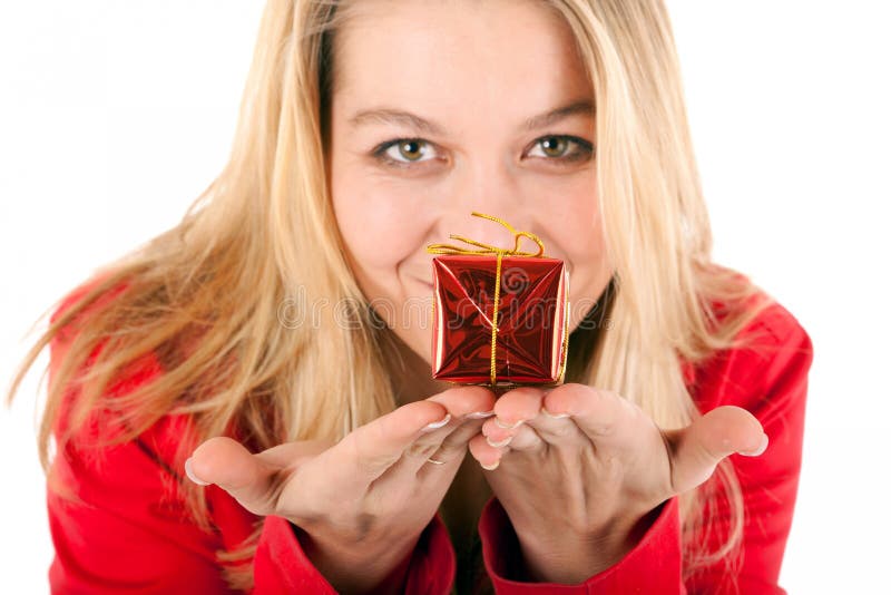 Woman offering gift stock photo. Image of giving, showing - 20637874