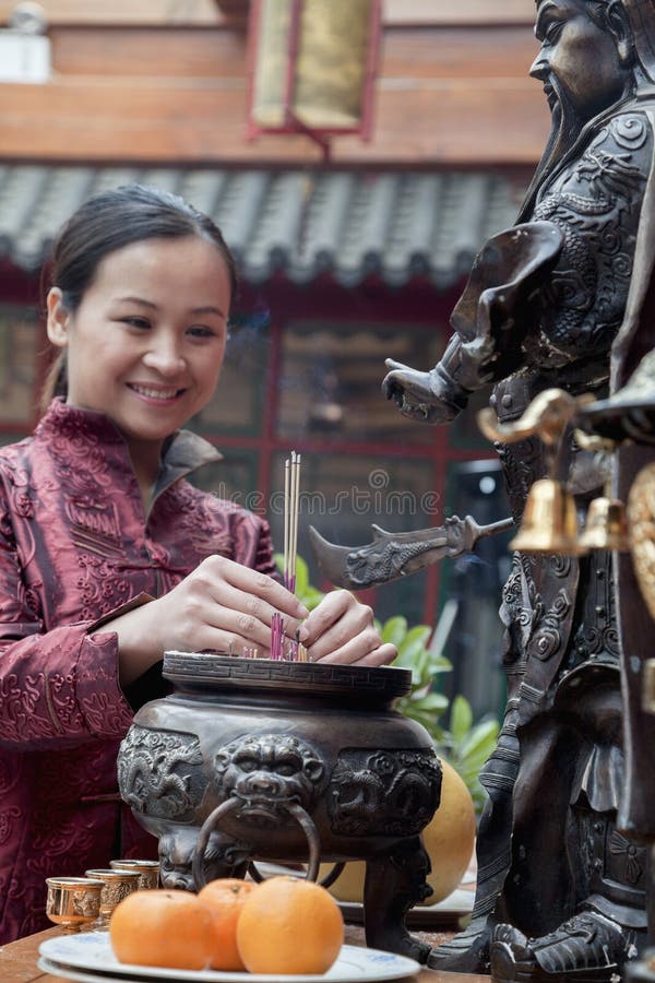 Woman Offering Incense, Temple, Beijing Stock Photo - Image of drink ...