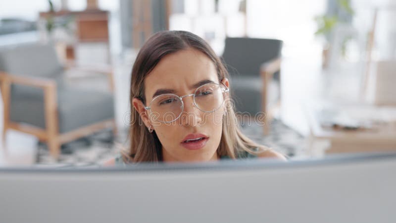 Woman, Office and Computer for Thinking, Search or Data Analysis for ...
