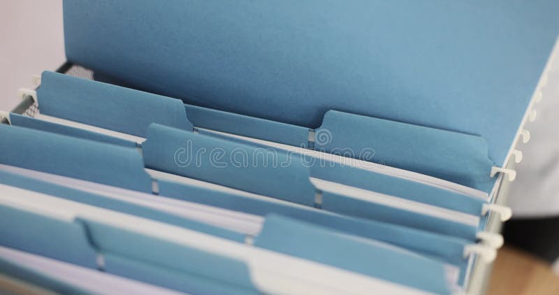 Woman Office Employee Inserts Documents in Blue Folder into Box Stock ...