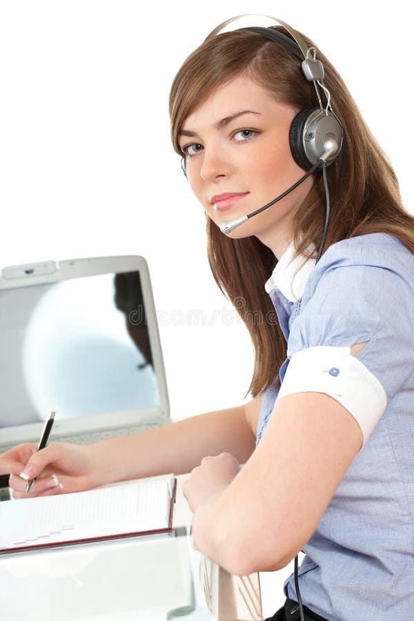 Woman in Office with Headset Stock Image - Image of contact, beautiful ...