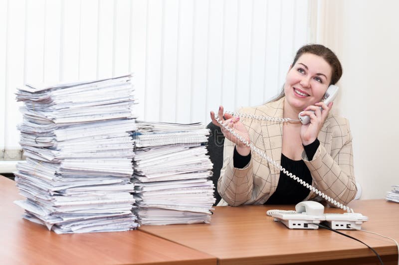 Woman in Office Interior Speaking by Telephone Stock Photo - Image of ...