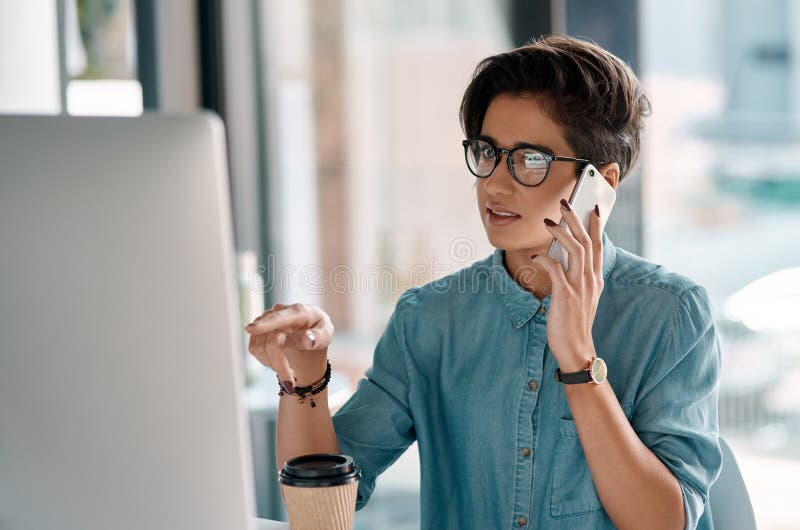 Woman, Office and Phone Call with Computer in Company for Reference of ...
