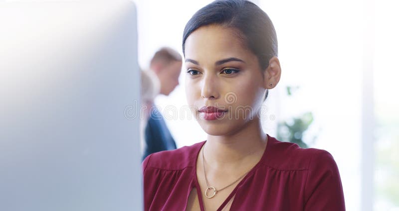 Woman, Office and Reading with Computer, Thinking and Working for ...