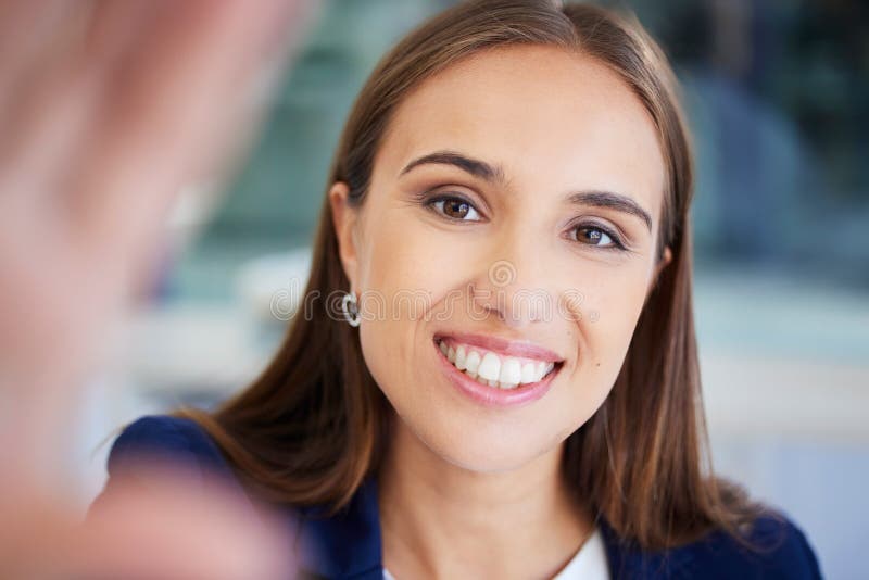 Woman Office Selfie And Smile In Portrait For Profile Picture Social
