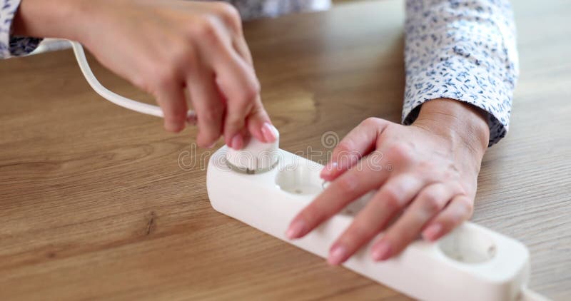 Woman Office Worker Inserts Plug into Electrical Extension Cord Stock ...