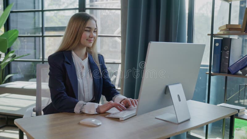 Woman Office Worker Typing on PC Working in Internet, Lady Using PC ...
