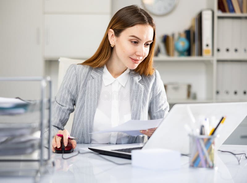 Woman Office Worker Using Laptop during Workday Stock Image - Image of ...
