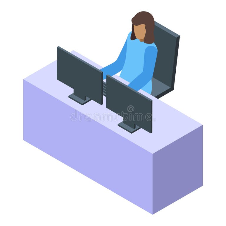 Woman Office Worker Using Two Desktop Computers Isometric Icon Stock ...