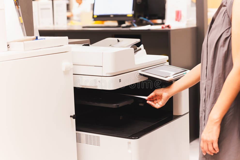 Woman Officer Pull Printing Paper Document Out from Functional Office ...