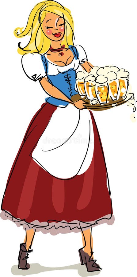 A Woman Oktoberfest Waitress Wearing A Traditional German Dress Serving