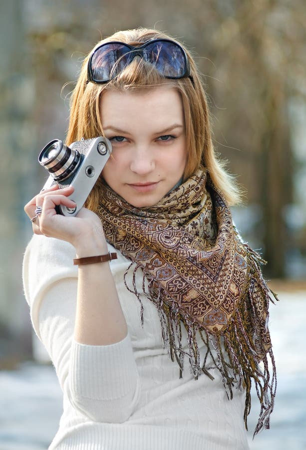 Woman with old camera stock photo. Image of casual, attractive - 13718652