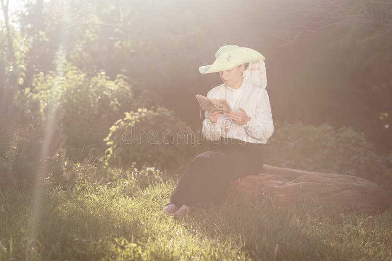 Woman in Old-fashioned Dress Reading Book Stock Photo - Image of adult ...