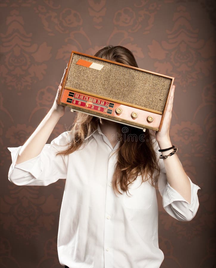 Woman with old retro radio stock photo. Image of caucasian - 31305344
