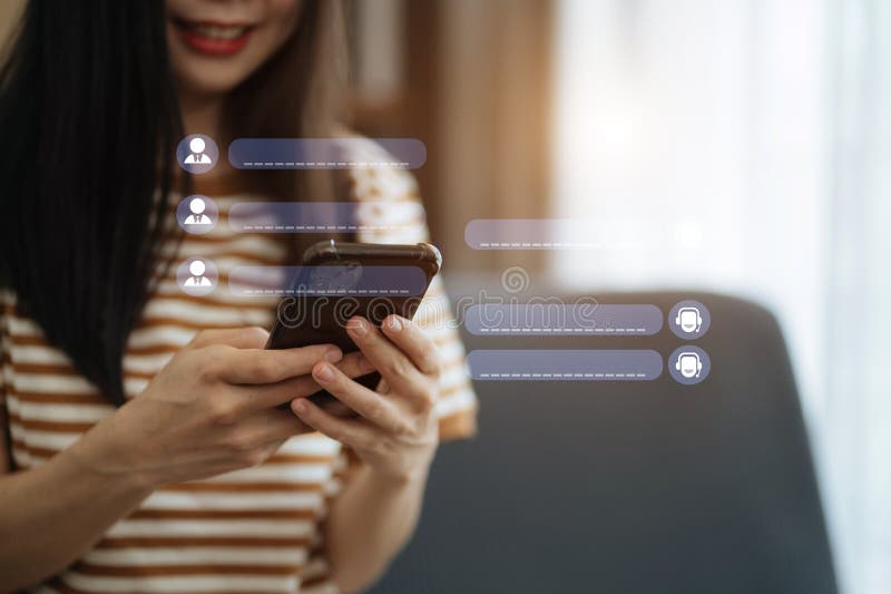 Woman Online Chatting with AI Chat Bot on Smartphone. Artificial ...