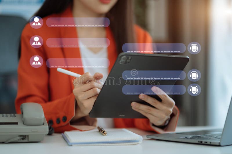 Woman Online Chatting with AI Chat Bot on Tablet. Artificial ...