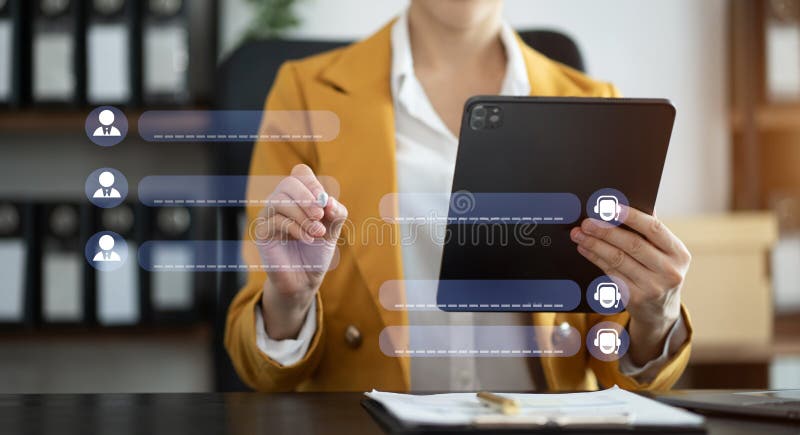 Woman Online Chatting with AI Chat Bot on Tablet. Artificial ...