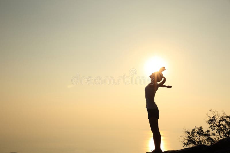 Woman Open Arms at Sunset Mountain Peak Stock Image - Image of hiking ...