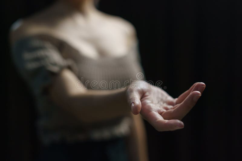 Woman Open Empty Hand on Black Background Stock Photo - Image of offer ...