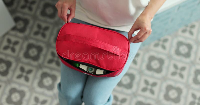 Woman Open the First Aid Kit at Home. First Aid Kit. Stock Video ...