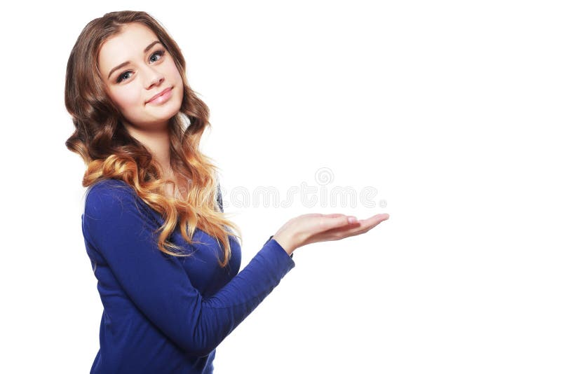 Woman with open hand palm stock image. Image of advertisement - 70396533