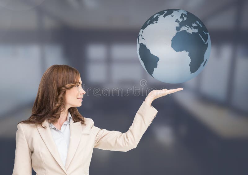 Woman with Open Palm Hand Holding World Earth Globe Interface Stock ...