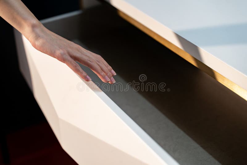 Woman Open Shelf, Pull Open Drawer Wooden in Cabinet Stock Photo ...