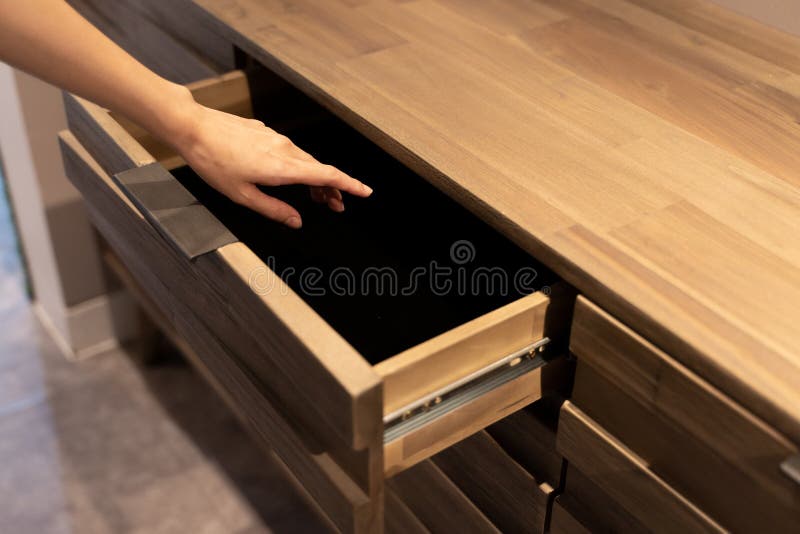 Woman Open Shelf, Pull Open Drawer Wooden in Cabinet Stock Photo ...