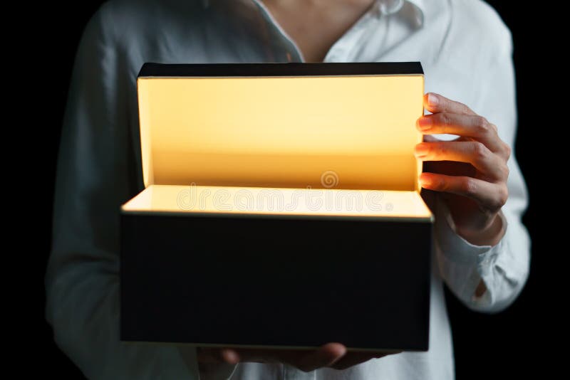 Woman Opening a Box with Gold Light Mean Something Exciting Inside ...