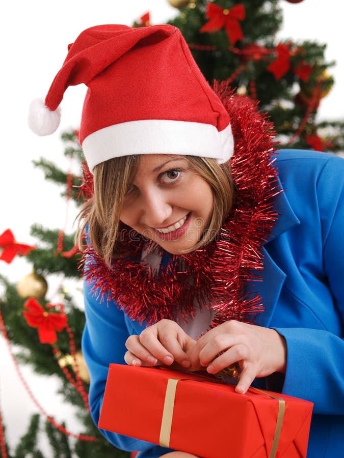 Woman Opening Christmas Present Stock Image - Image of woman, wrapping ...