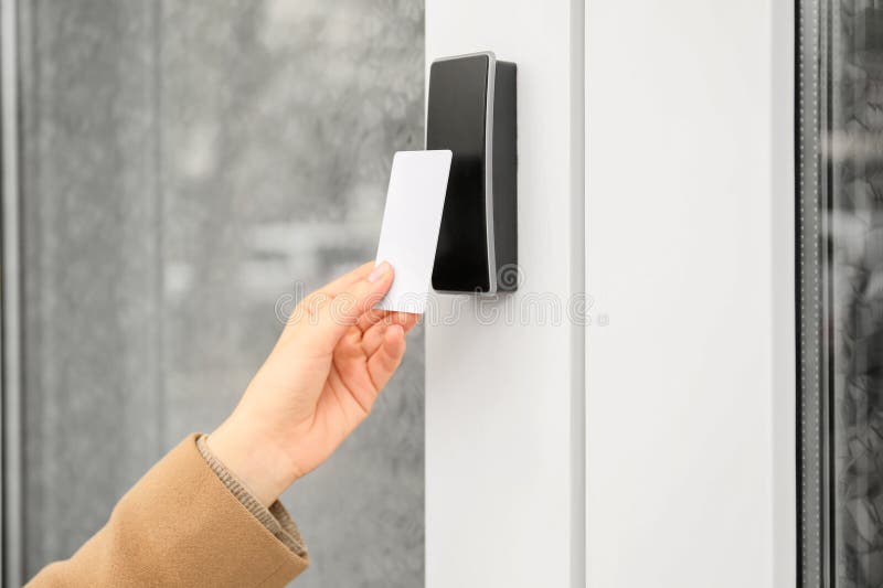 Woman Opening Door with Security Card from the Outside Stock Photo ...
