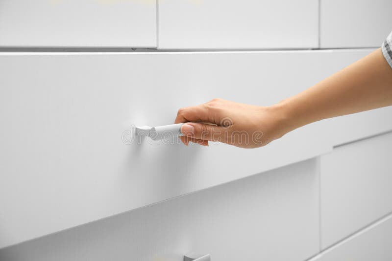 Woman Opening Drawer at Home, Closeup View Stock Photo - Image of ...