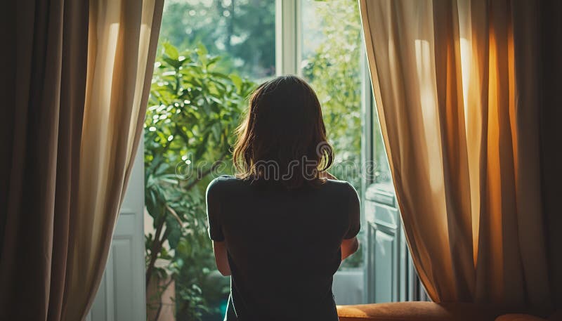 Woman Opening Window Curtains at Home, Back View Stock Photo - Image of ...
