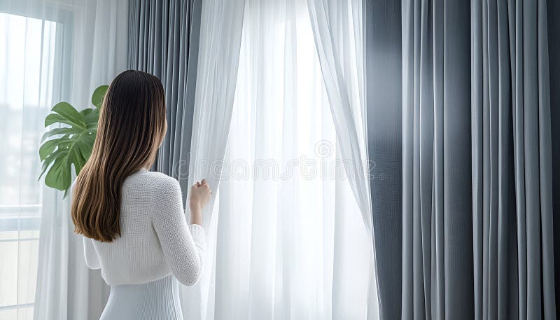 Woman Opening Window Curtains at Home, Back View Stock Image - Image of ...