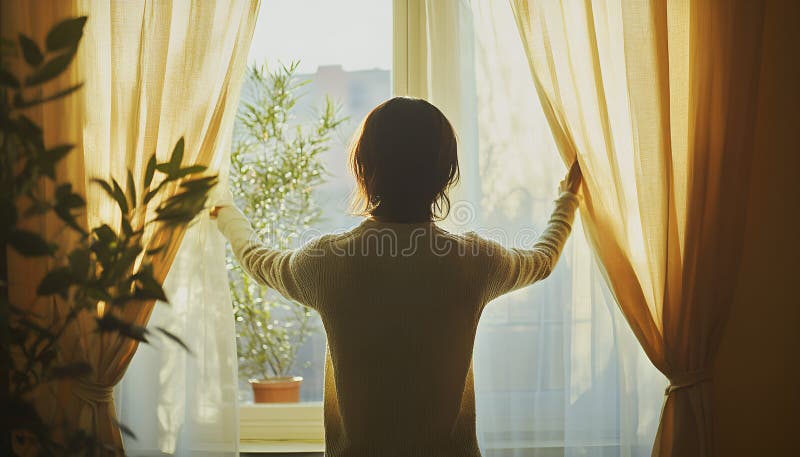 Woman Opening Window Curtains at Home, Back View Stock Photo - Image of ...