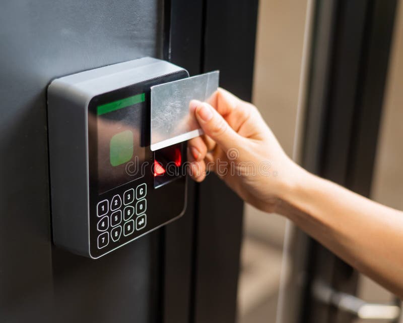 A Woman Opens the Door with a Plastic Card. Modern Keyless Entry Lock ...