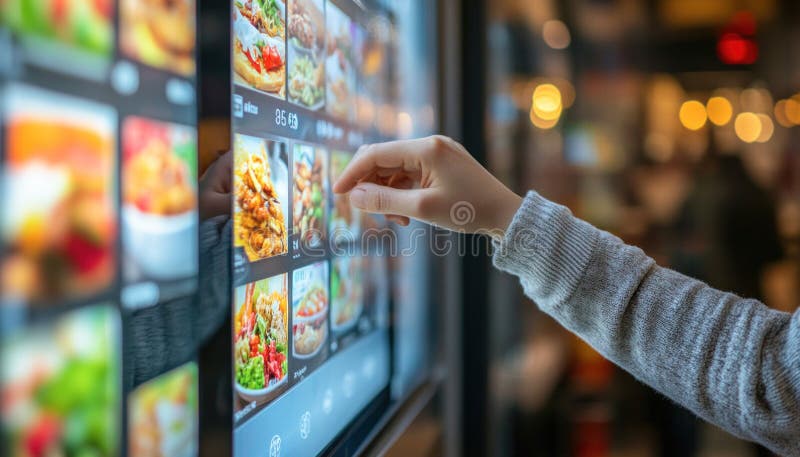 Woman Ordering Food Using Digital Interactive Self Service Kiosk Stock ...