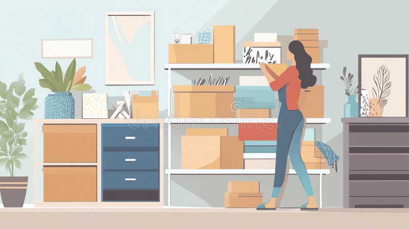 Woman Organizing Boxes on Shelf, Illustration Stock Image - Image of ...