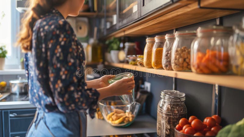 Woman Organizing Her Kitchen Cabinets, Putting Items in Order Stock ...