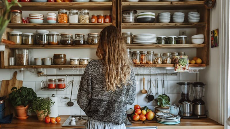 Woman Organizing Her Kitchen Cabinets, Putting Items in Order Stock ...