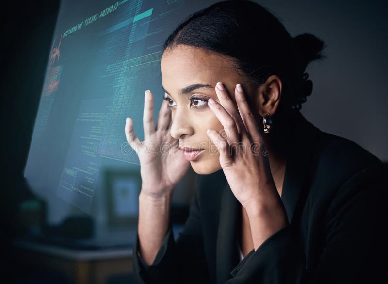Woman Overlay And Programming With Stress Or Headache With Information Data Analysis And