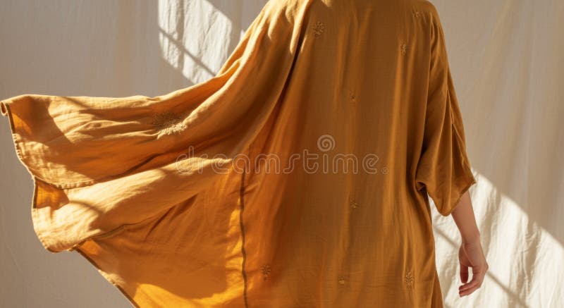 Woman in Oversized Mustard Yellow Linen Kimono Robe Back View Stock ...