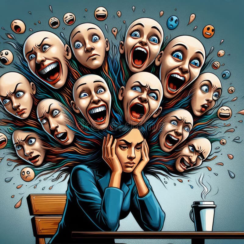 Woman Overwhelmed by Emotions and Faces Stock Image - Image of ...