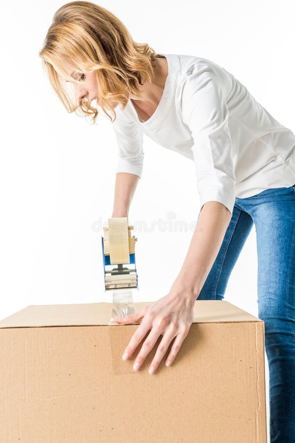 Woman packing box stock photo. Image of caucasian, person - 90356438