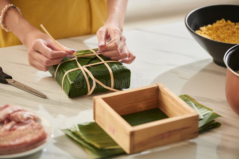 Woman Packing Cake Cooked for Tet Stock Photo - Image of decoration ...